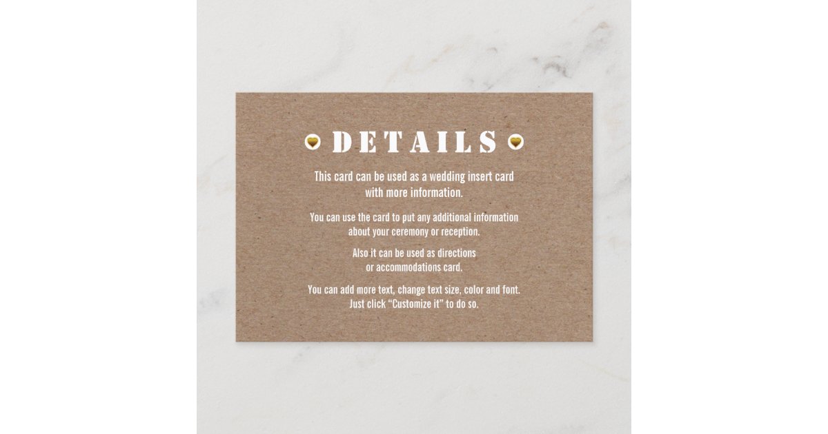 Gold heart cardboard wedding details insert card | Zazzle
