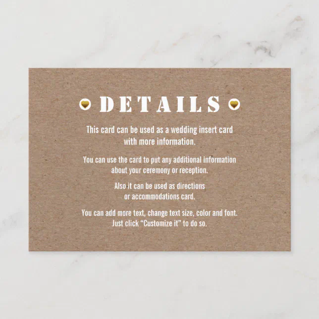 Gold heart cardboard wedding details insert card | Zazzle