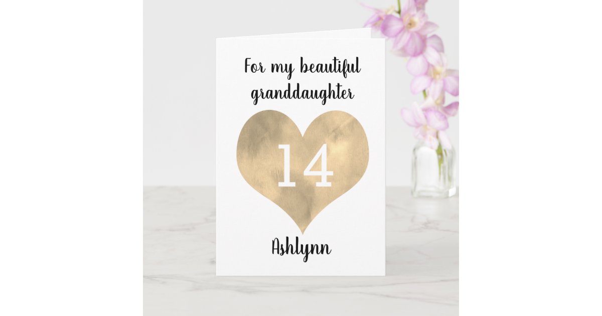 Gold Heart Happy 14th Birthday Granddaughter Card | Zazzle