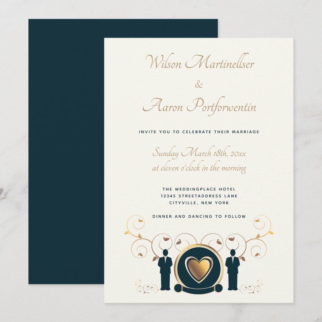 Gold Heart Male Wedding Cream Blue LGBTQ Invitation | Zazzle