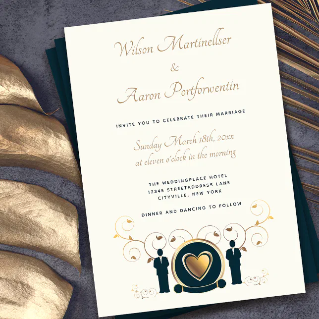 Gold Heart Male Wedding Cream Blue LGBTQ Invitation | Zazzle