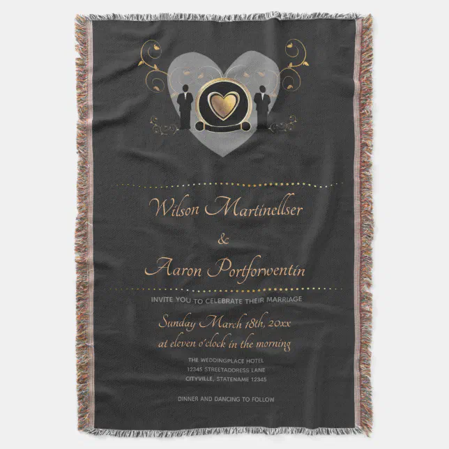 Gold Heart Male Wedding Invite Keepsake Throw Blanket | Zazzle