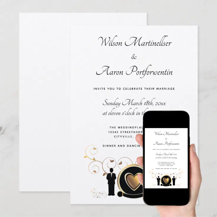 Gold Heart Male Wedding Kraft Paper LGBTQ Invitation | Zazzle