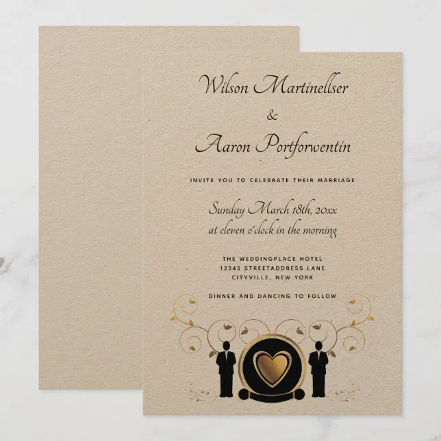 Gold Heart Male Wedding Kraft Paper LGBTQ Invitation | Zazzle
