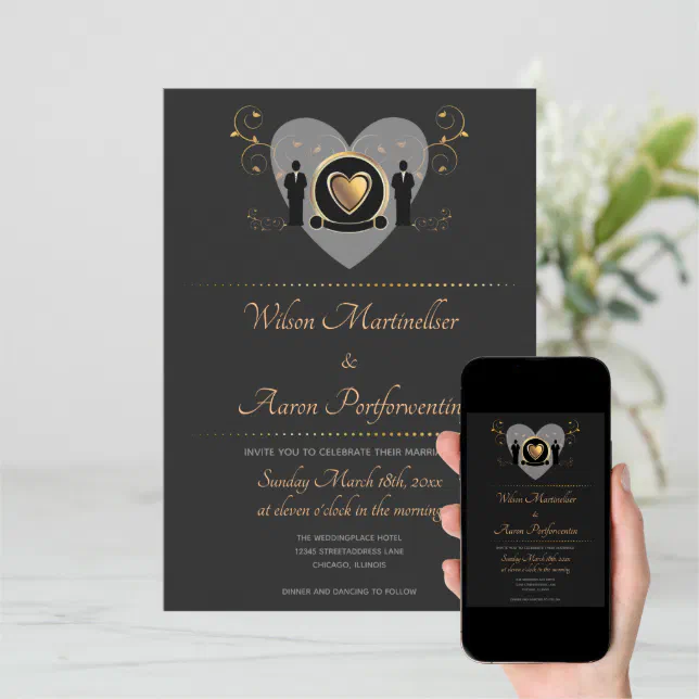 Gold Heart QR Code Male LGBTQ Wedding Invitation | Zazzle