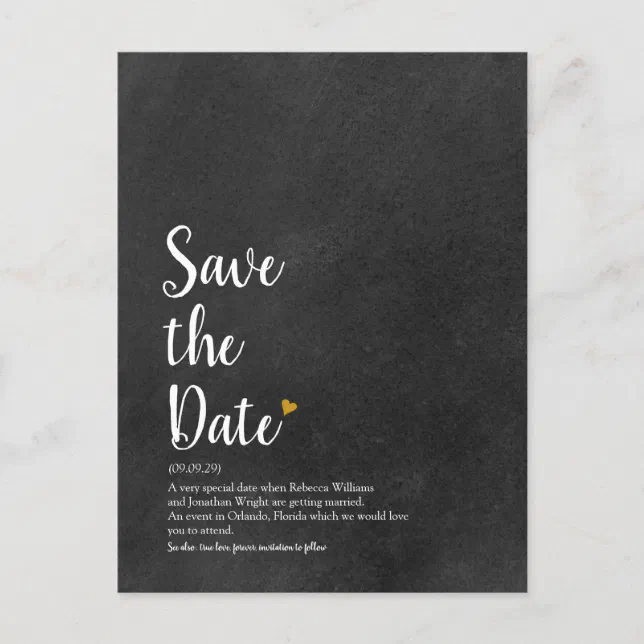 Gold Heart Script Save the Date Definition Announcement Postcard | Zazzle