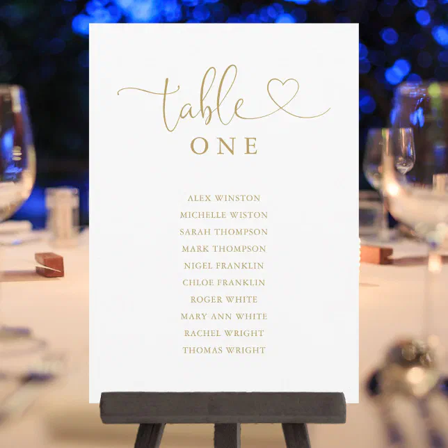 Gold Heart Script Table Number Seating Chart | Zazzle