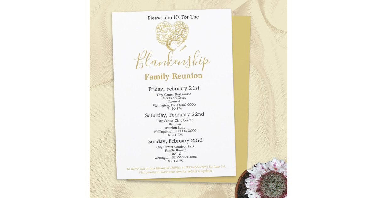 Gold Heart Tree 3 Day Family Reunion Personalized Invitation | Zazzle