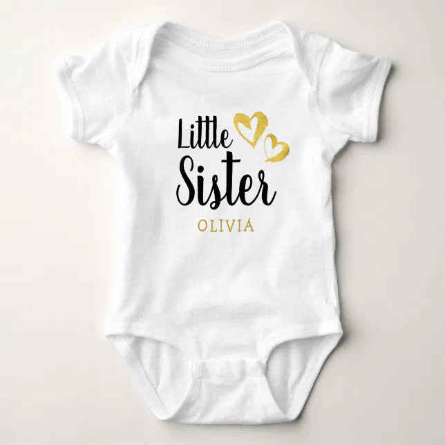 Gold Hearts Little Sister Name Monogram Baby Bodysuit | Zazzle