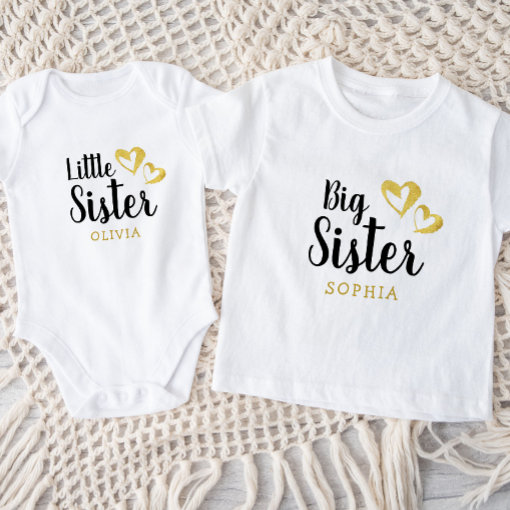 Gold Hearts Little Sister Name Monogram Baby Bodysuit | Zazzle