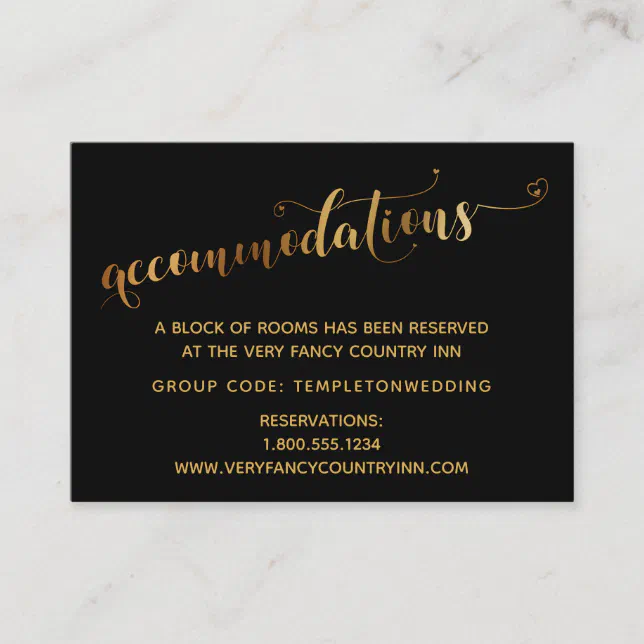 Gold Hearts Script Black Wedding Accommodations Enclosure Card | Zazzle
