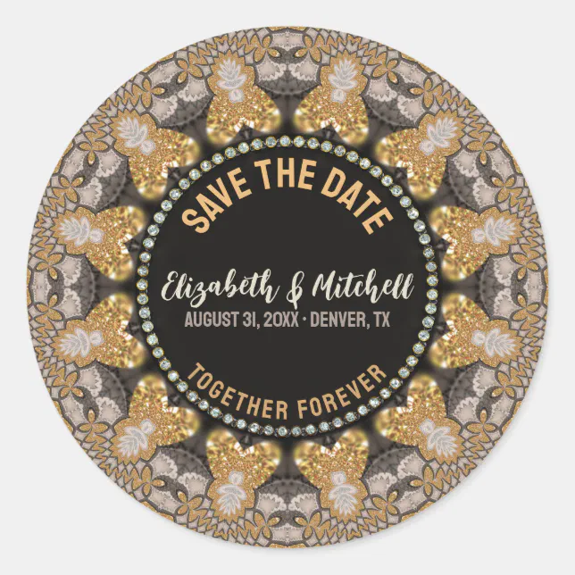 Gold Hearts Sparkle Save the Date Classic Round Sticker | Zazzle