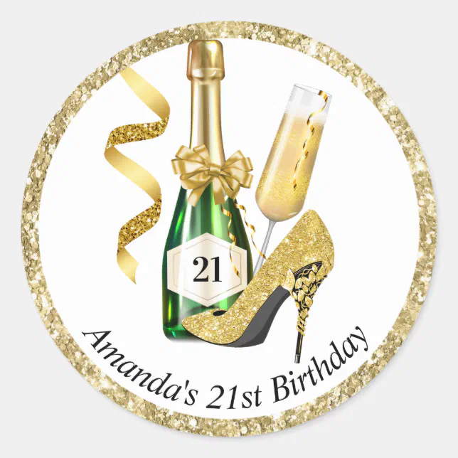 Gold Heels and Champagne Women's Birthday Classic Round Sticker | Zazzle