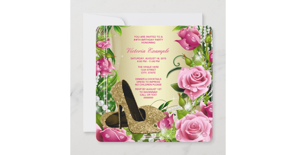 Gold High Heel Shoe Womans Rose Birthday Party Invitation | Zazzle