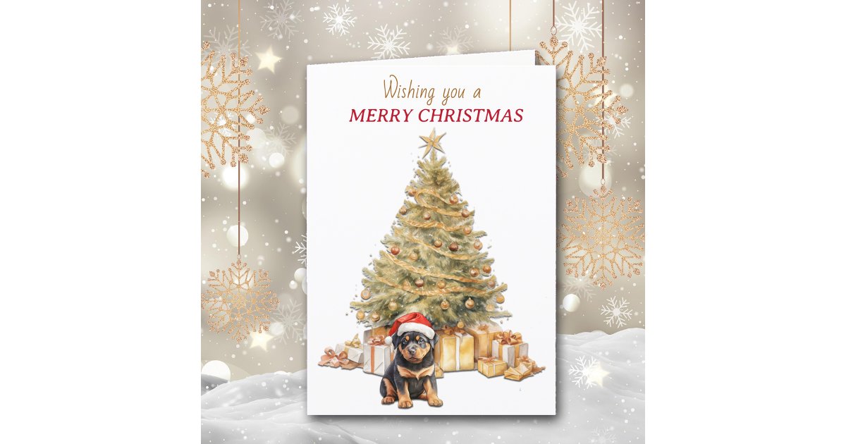 Gold Holiday Tree Rottweiler Puppy Christmas Card | Zazzle