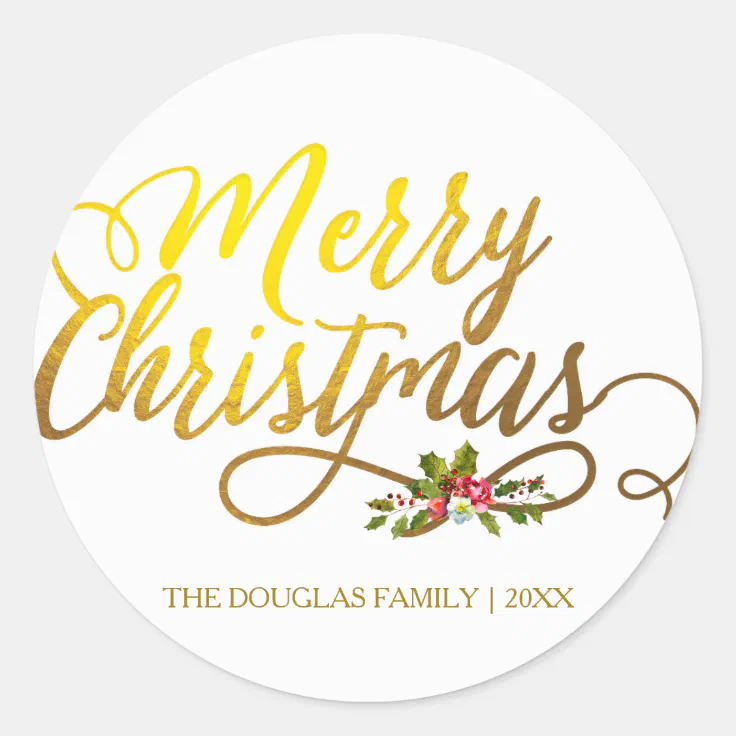 Gold & Holly Red Floral Merry Christmas Holiday Classic Round Sticker ...