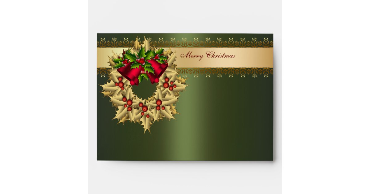 Gold Holly Wreath Green Christmas Envelopes | Zazzle