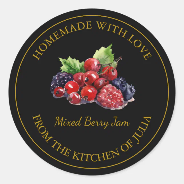 Gold Homemade Mixed Berry Jam Label | Black | Zazzle