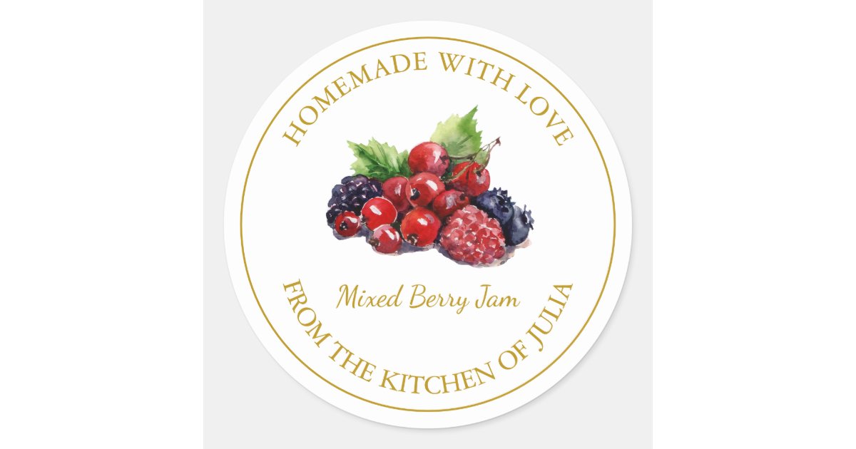 Gold Homemade Mixed Berry Jam Label | White | Zazzle