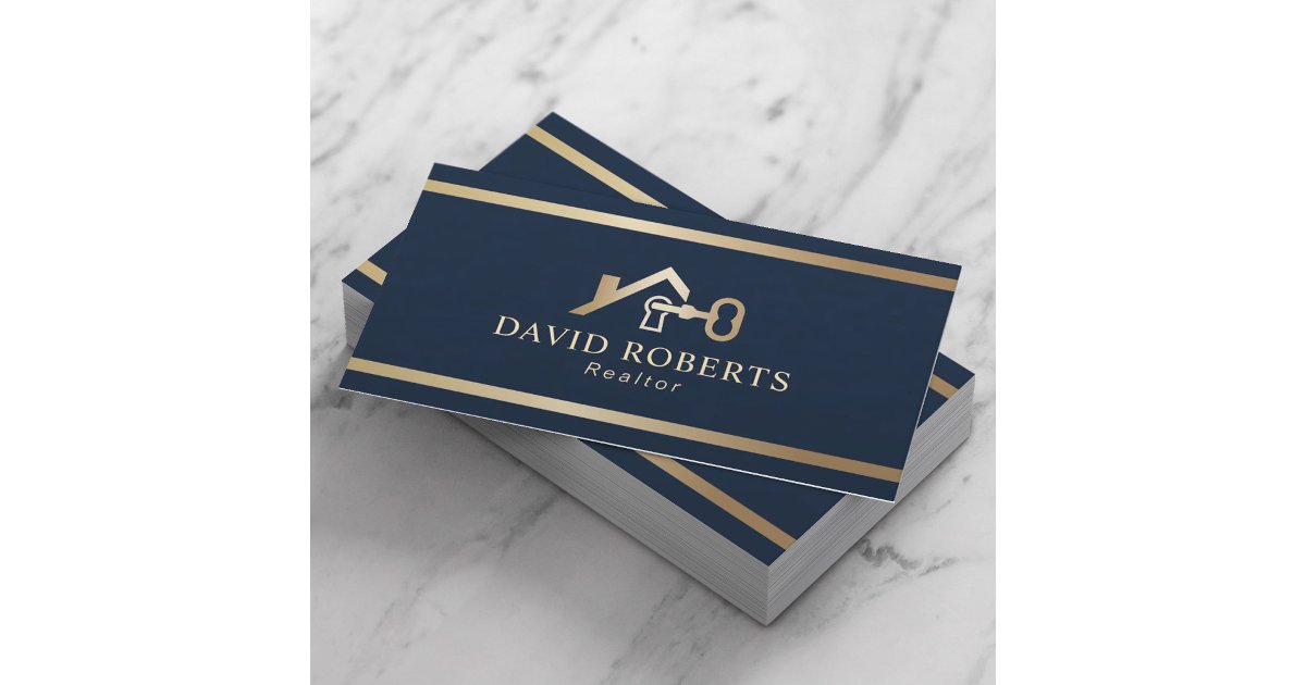 Gold House & Key Logo Real Estate Realtor Navy Business Card | Zazzle