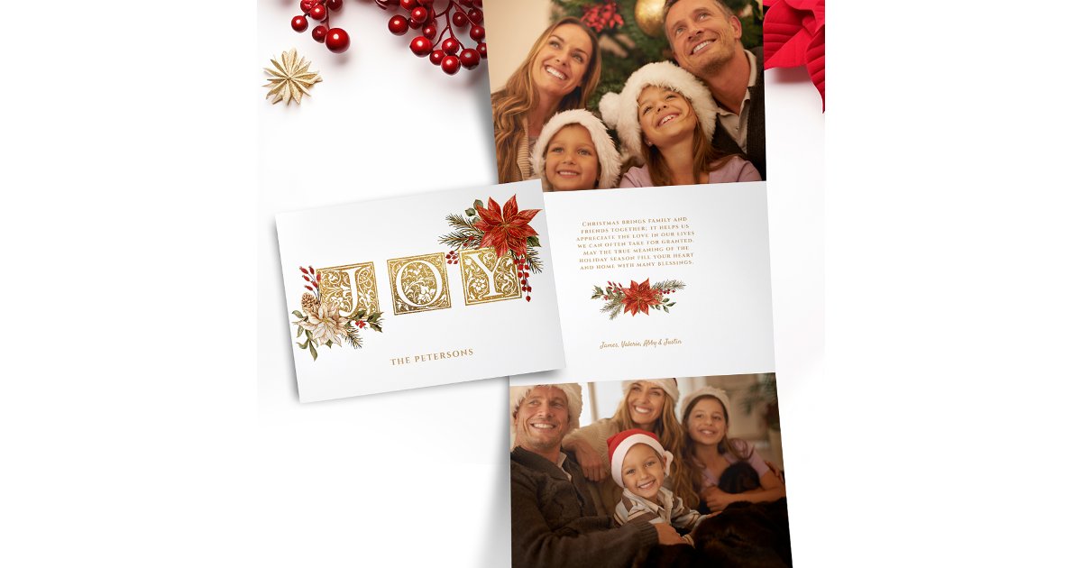 Gold Illuminated Joy Block Letters w/Poinsettias Tri-Fold Holiday Card ...
