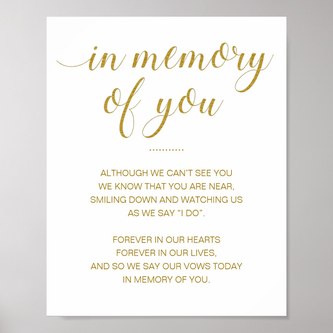 Gold In Memory Of You Poem Memorial Wedding Poster | Zazzle