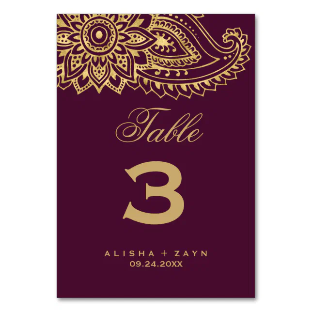 Gold Indian Paisley Table Number | Zazzle