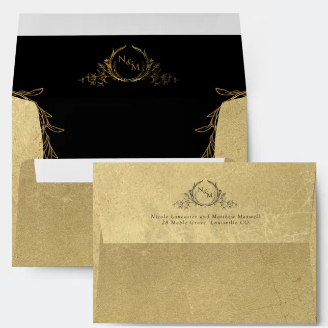 Gold, Inside Black, Elegant Monogram Wedding Envelope | Zazzle
