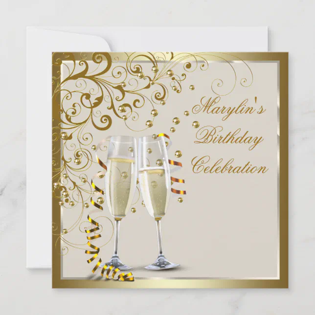 Gold Ivory Womans Elegant Gold Cream Birthday Invitation | Zazzle