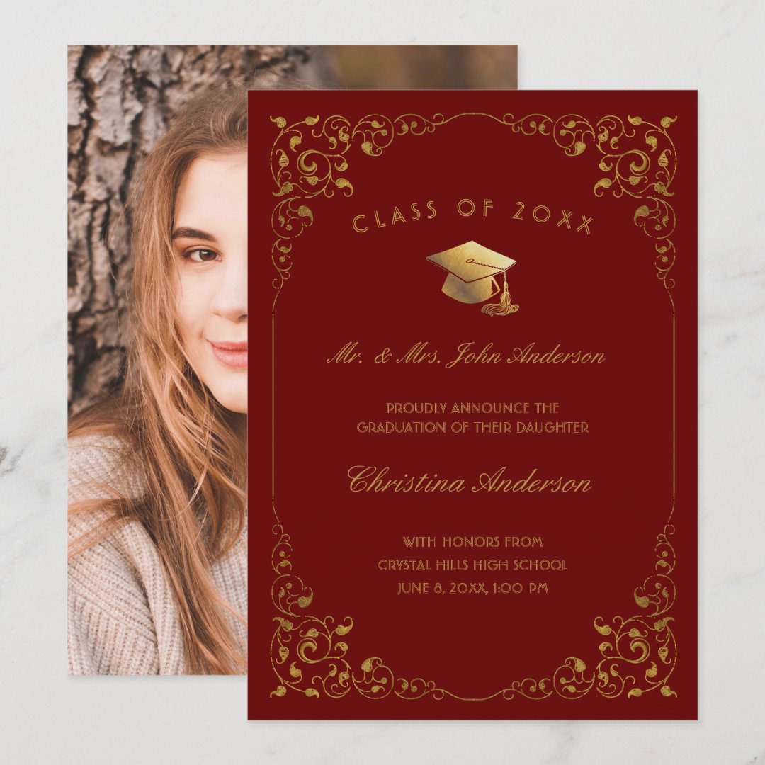 Gold Ivy Script From Parents Photo Red Graduation Announcement | Zazzle