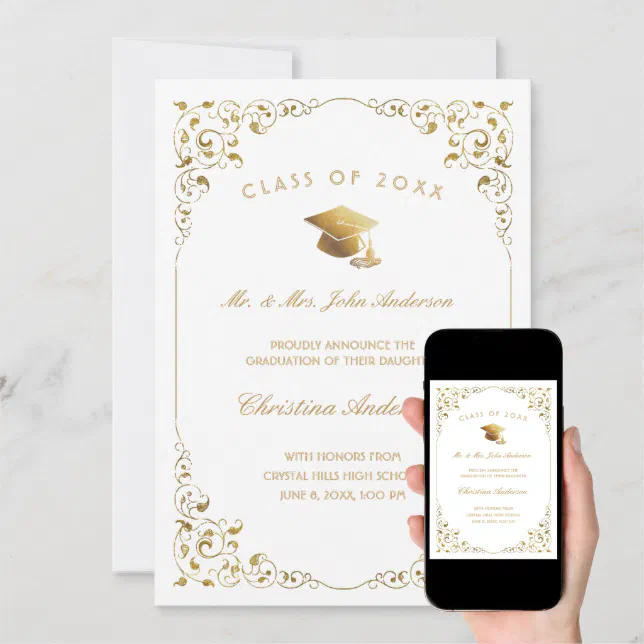 Gold Ivy Script From Parents White Graduation Announcement | Zazzle