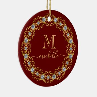 Gold Jeweled Frame Monogram with Name Ceramic Ornament | Zazzle