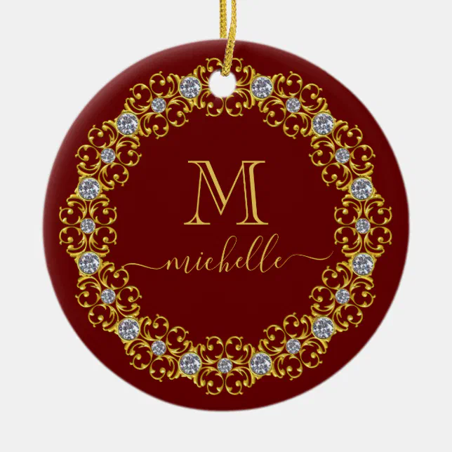 Gold Jeweled Frame Monogram with Name Ceramic Ornament | Zazzle