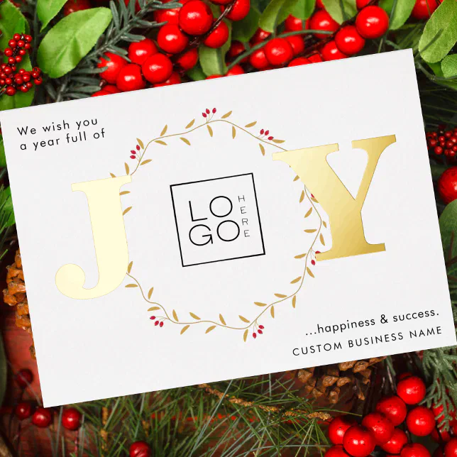 Gold JOY Custom Logo Christmas Foil Card | Zazzle