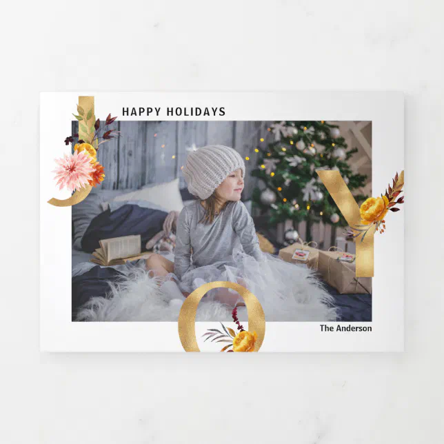 Gold JOY multi photo Holiday Tri-Fold Holiday Card | Zazzle