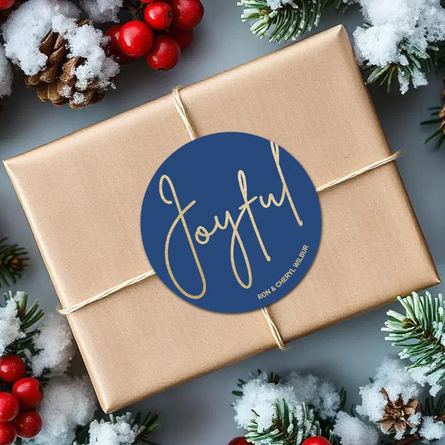 Gold JOYFUL on Blue Christmas Classic Round Sticker | Zazzle