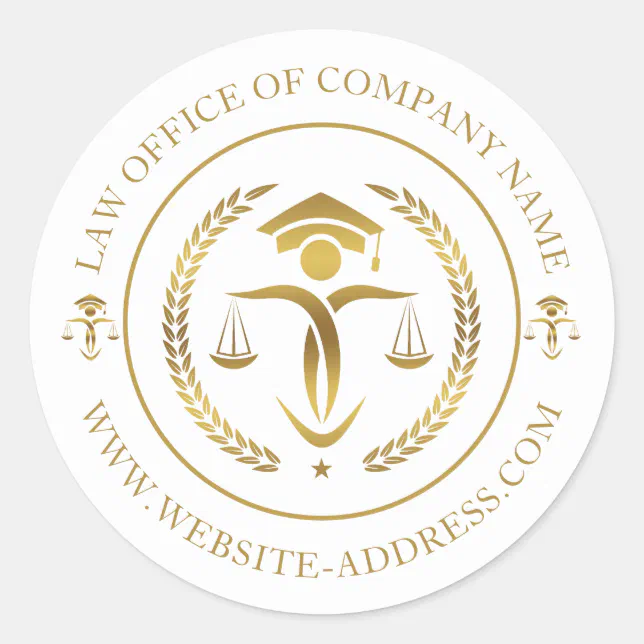 Gold Justice logo with custom text on white Classic Round Sticker | Zazzle