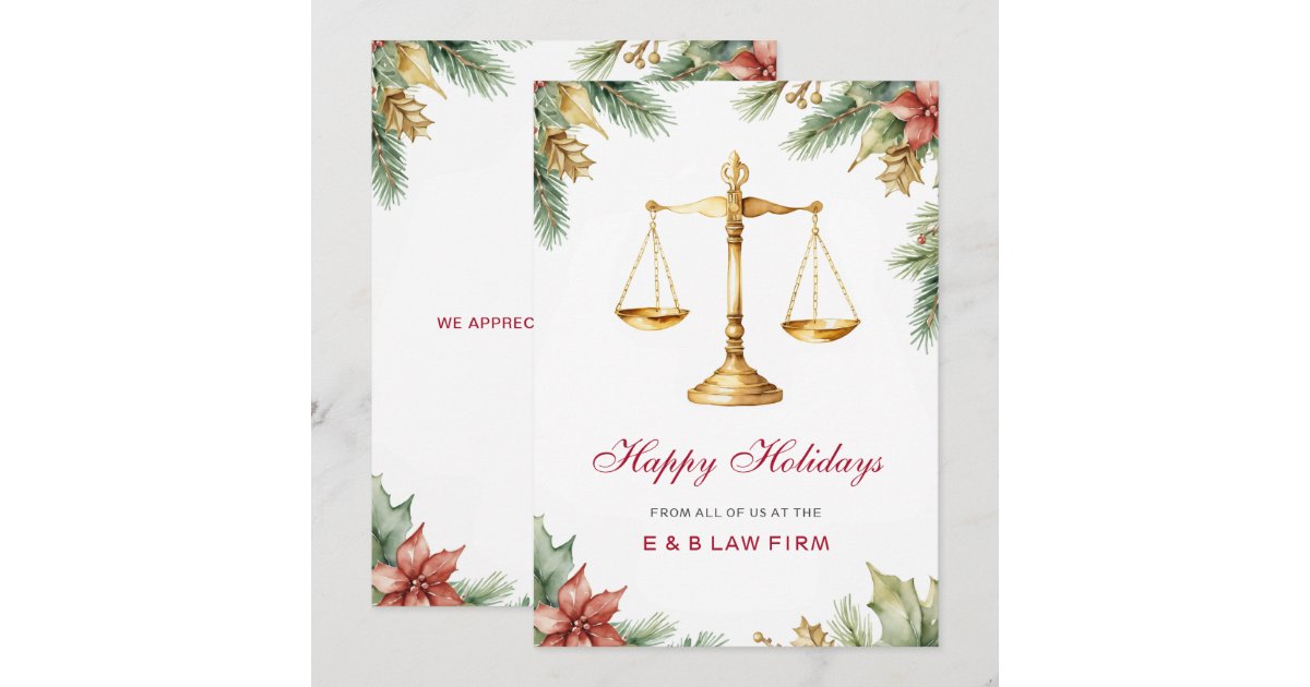 Gold Justice Scale Pine Holly Law Firm Christmas Holiday Card | Zazzle
