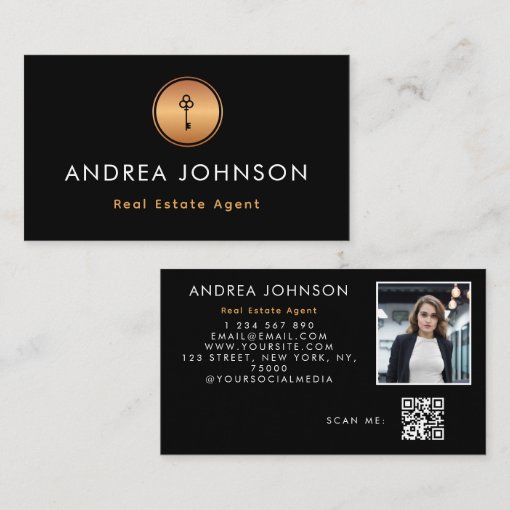 Gold Key Logo Real Estate Agent Photo Qr Code Business Card | Zazzle