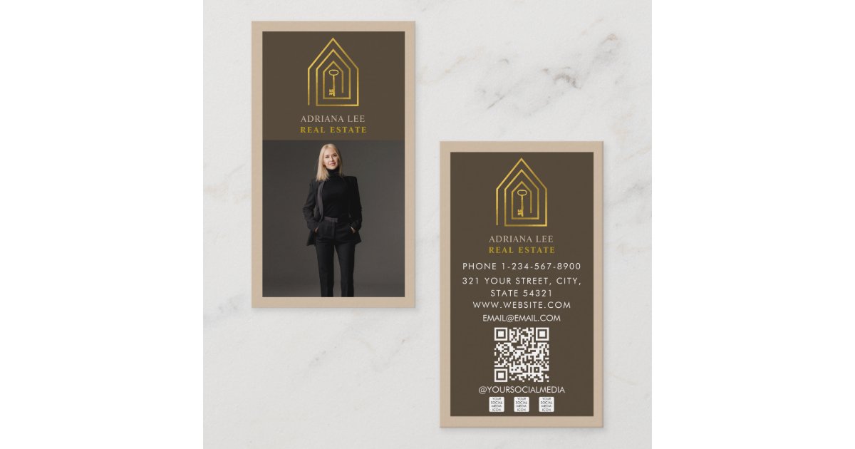 Gold Key Photo Real Estate Agent QR Code Brown Business Card | Zazzle