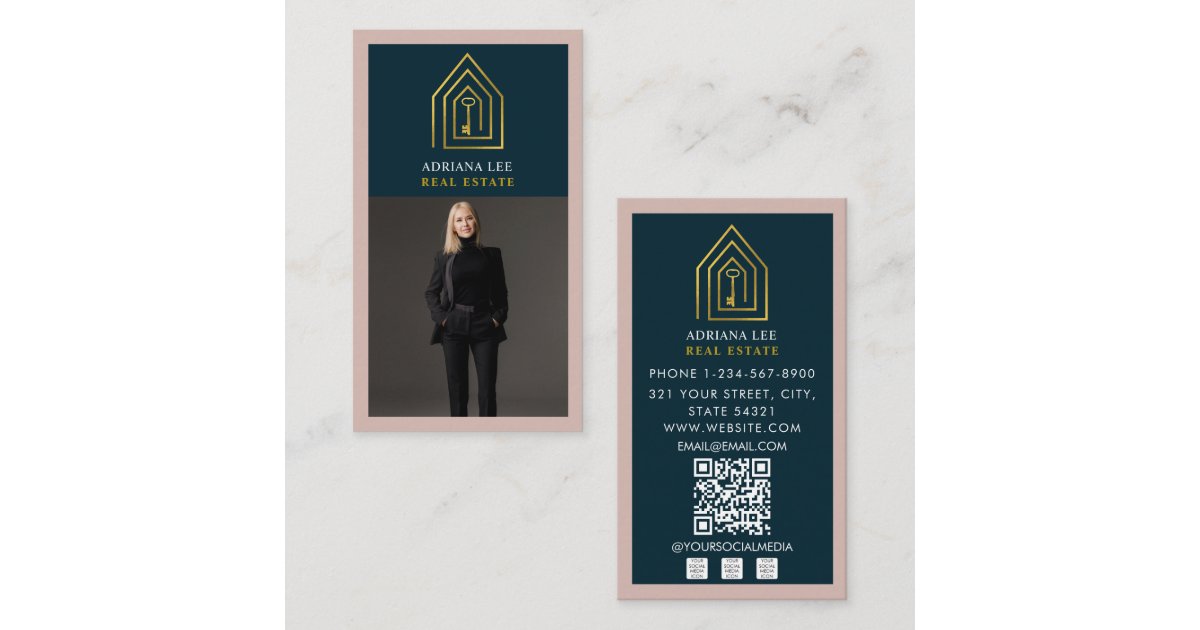Gold Key Photo Real Estate Agent QR Code Pink Business Card | Zazzle