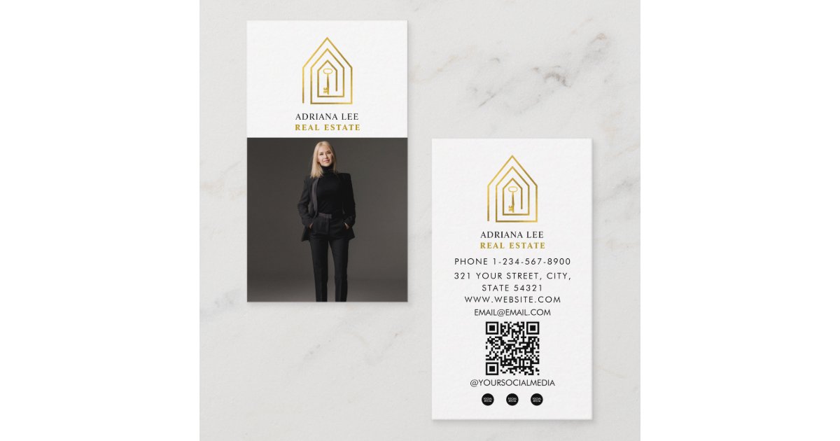 Gold Key Photo Real Estate Agent QR Code White Business Card | Zazzle