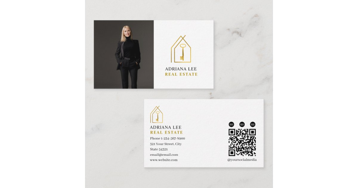 Gold Key Photo Real Estate Agent QR Code White Business Card | Zazzle