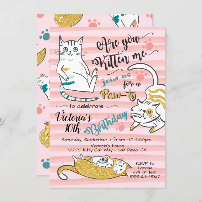 Gold Kitty Cat Birthday Party Invitation | Zazzle
