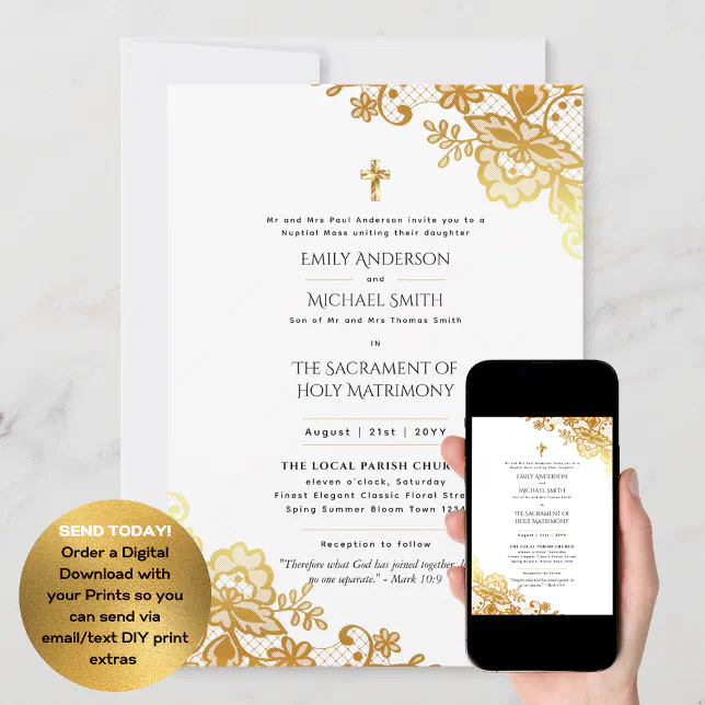 Gold Lace Catholic Nuptial Mass Wedding Invitation | Zazzle
