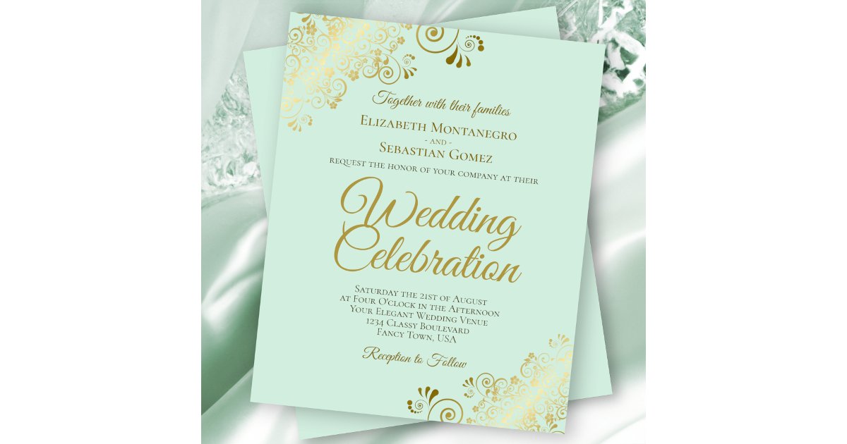 Gold Lace Elegant Mint BUDGET Wedding Invitation | Zazzle