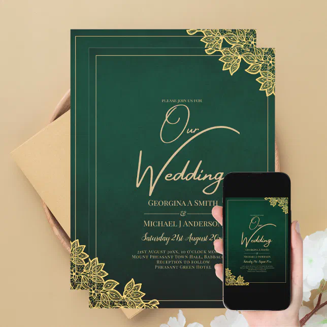 Gold Lace Emerald Green All-in-1 Wedding Invite QR | Zazzle