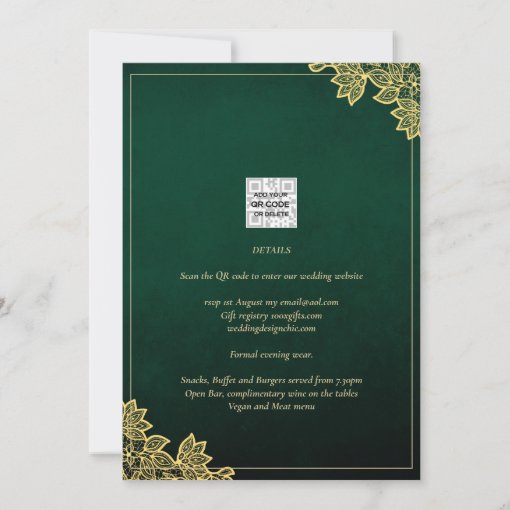 Gold Lace Emerald Green All-in-1 Wedding Invite QR | Zazzle