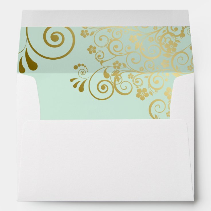 Gold Lace Mint Green Inside Elegant White Wedding Envelope | Zazzle