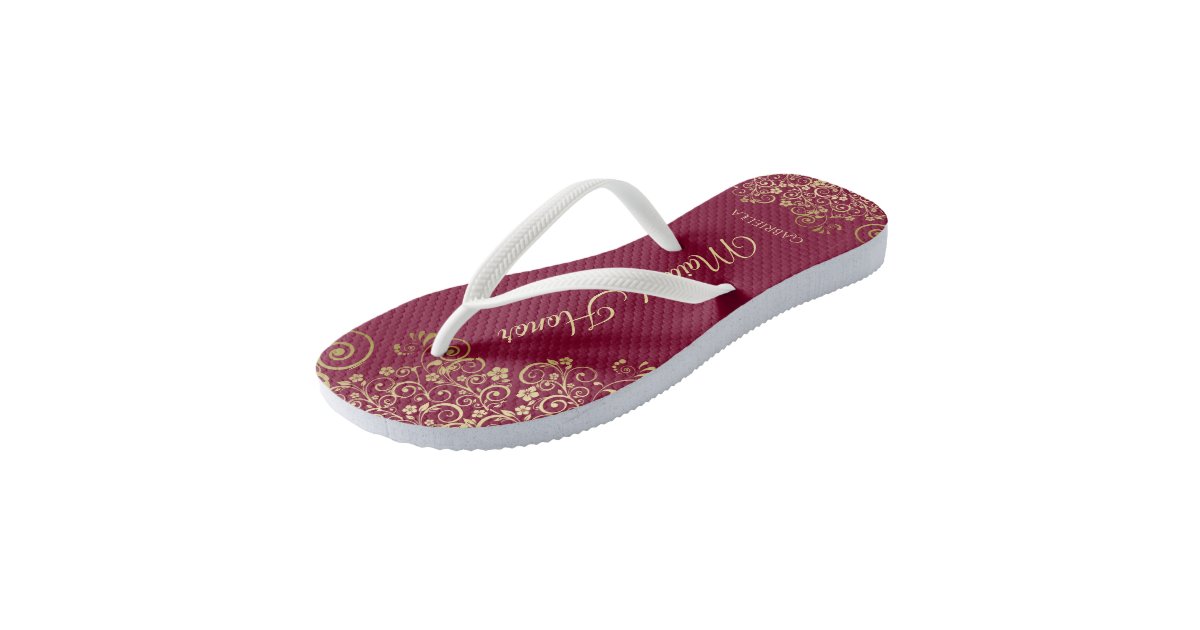Gold Lace on Burgundy Maroon Maid of Honor Wedding Flip Flops | Zazzle
